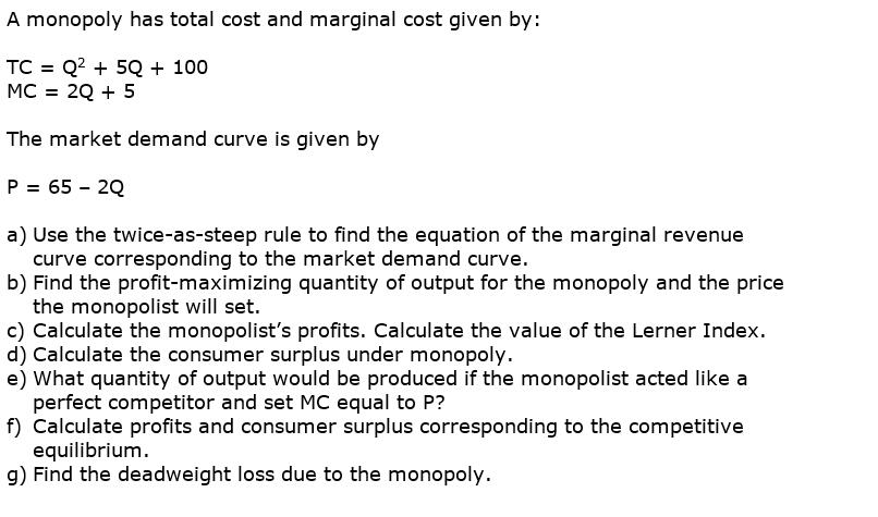 Solved A monopoly has total cost and marginal cost given by: | Chegg.com