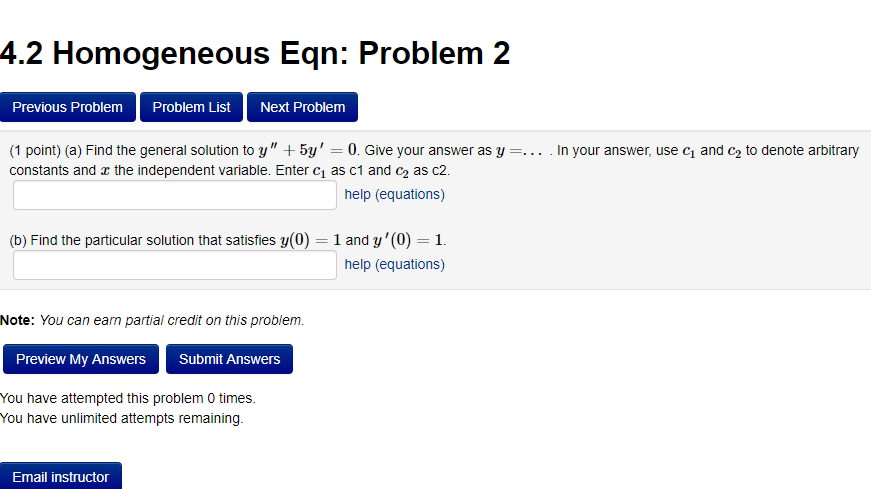 Solved 4.2 Homogeneous Eqn: Problem 2 Previous Problem | Chegg.com