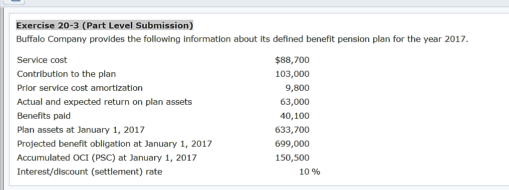 Solved Exercise 20-3 (Part Level Submission) Buffalo | Chegg.com
