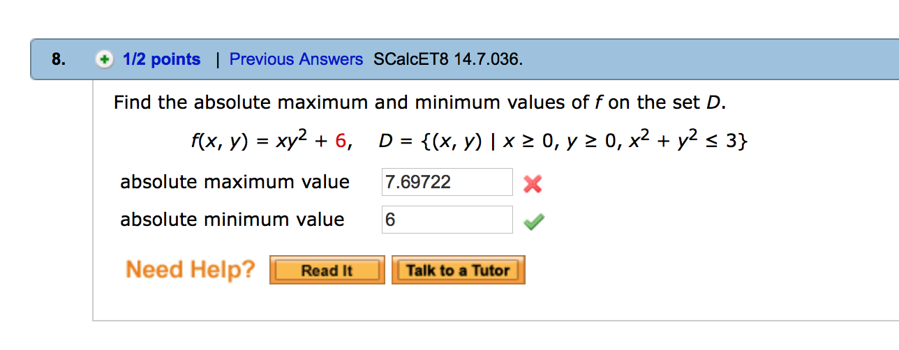Solved Find the absolute maximum and minimum values of for\ | Chegg.com