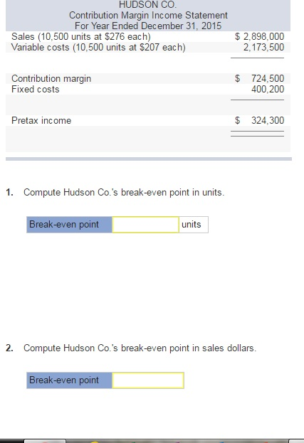 Solved Compute Hudson Co.'s break-even point in units. | Chegg.com Solved Compute Hudson Co.'s break-even point in units. | Chegg.com