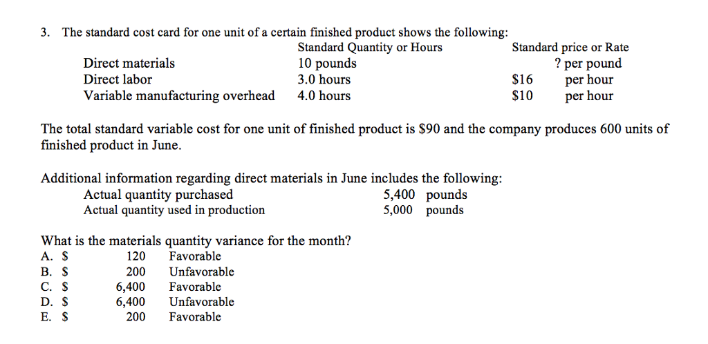 Solved 3. The standard cost card for one unit of a certain | Chegg.com