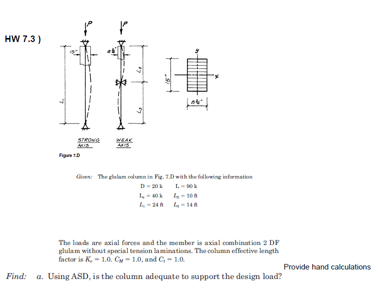 Solved HW 7.3) WEAK AXIS AXIS Figure 7.D Given: The glulam | Chegg.com