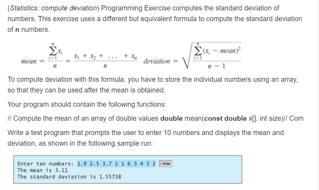 Solved (Statistics: compute deviation) Programming Exercise | Chegg.com