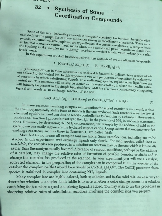 Solved 32 Synthesis of Some Coordination Compounds Some of | Chegg.com