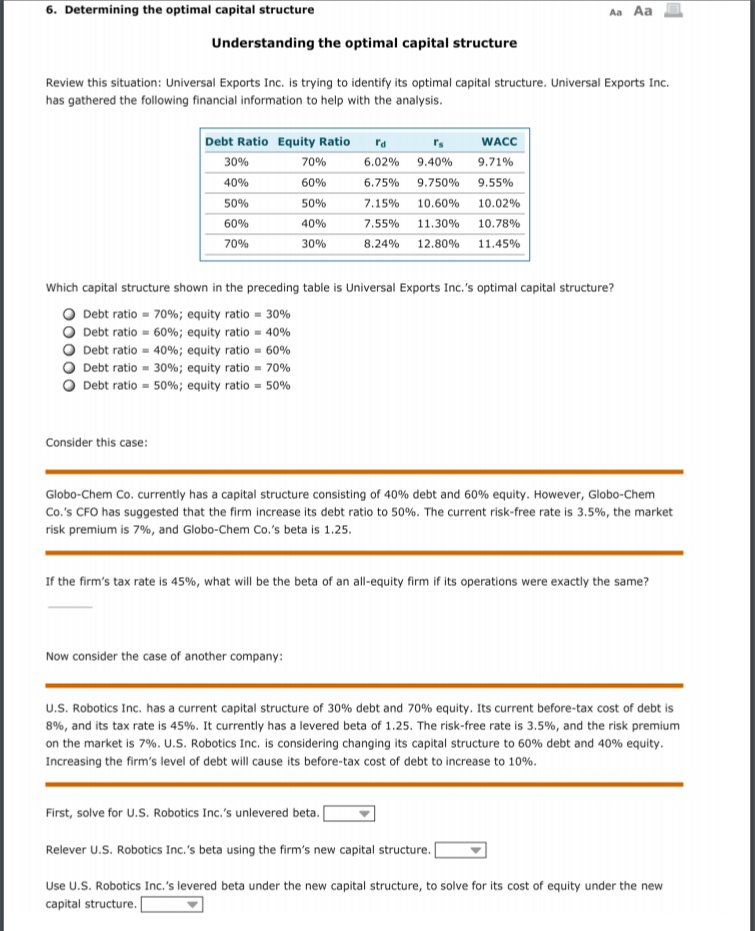 Solved 6. Determining the optimal capital structure Aa Aa | Chegg.com Solved 6. Determining the optimal capital structure Aa Aa | Chegg.com