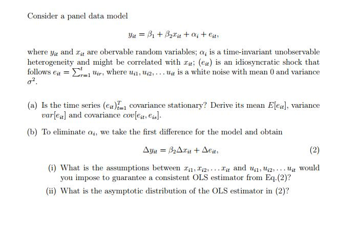 Solved Consider a panel data model are obervable random | Chegg.com
