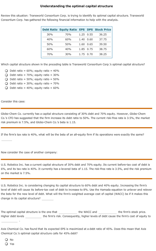 Solved Understanding the optimal capital structure Review | Chegg.com
