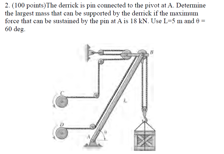 Solved 2. (100 points)The derrick is pin connected to the | Chegg.com