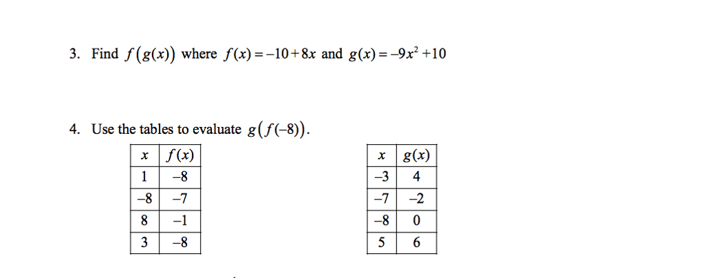 Solved 3. Find f((x)) where f()10+8x and g(x)--9x2 +10 4. | Chegg.com