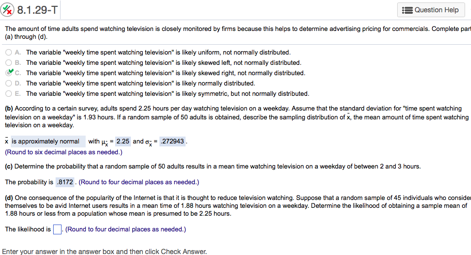 Solved & 8.1.29-T Question Help The amount of time adults | Chegg.com