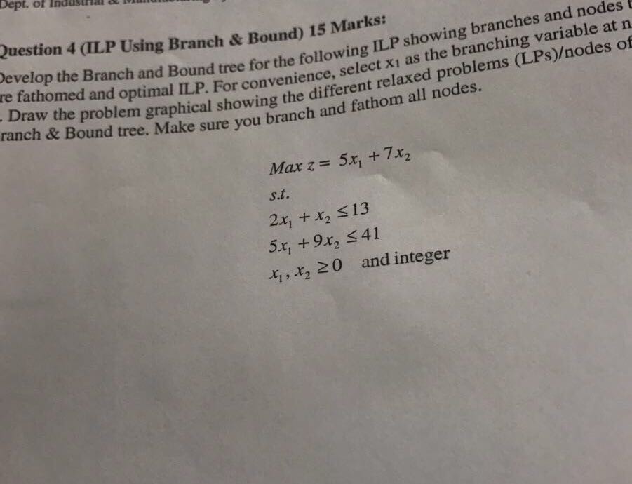Solved Dept. of Industhal& Question 4 ILP Using Branch & | Chegg.com Solved Dept. of Industhal& Question 4 ILP Using Branch & | Chegg.com