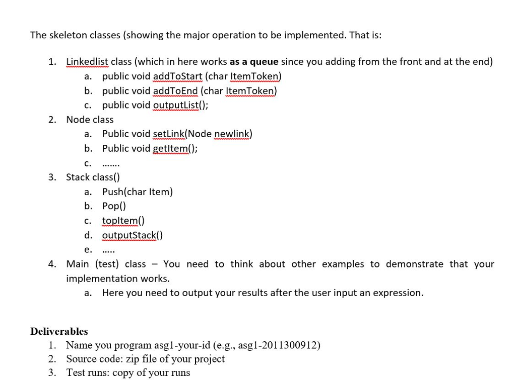 Solved The skeleton classes (showing the major operation to | Chegg.com