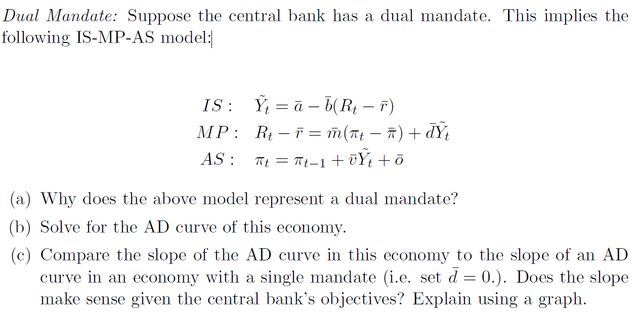 Dual Mandate: Suppose the central bank has a dual | Chegg.com
