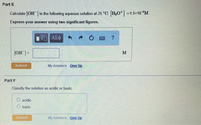 Solved Part E Calculate [OH-]in the following aqueous | Chegg.com