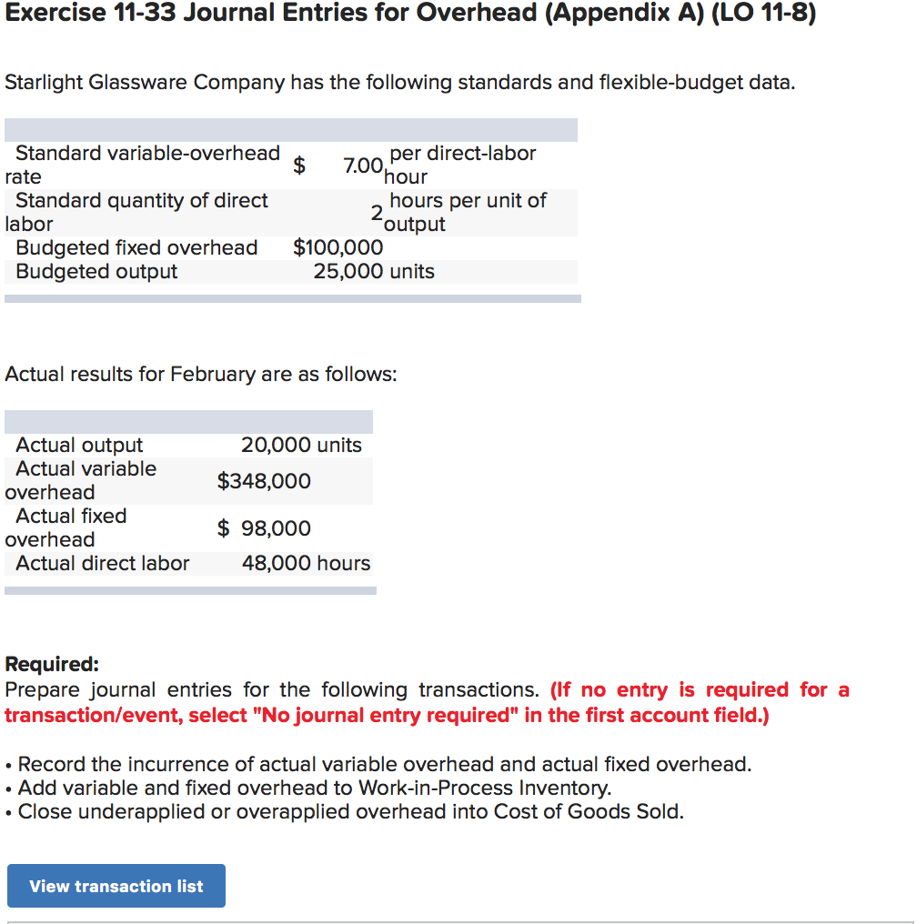 Solved Exercise 11-33 Journal Entries for Overhead (Appendix | Chegg.com