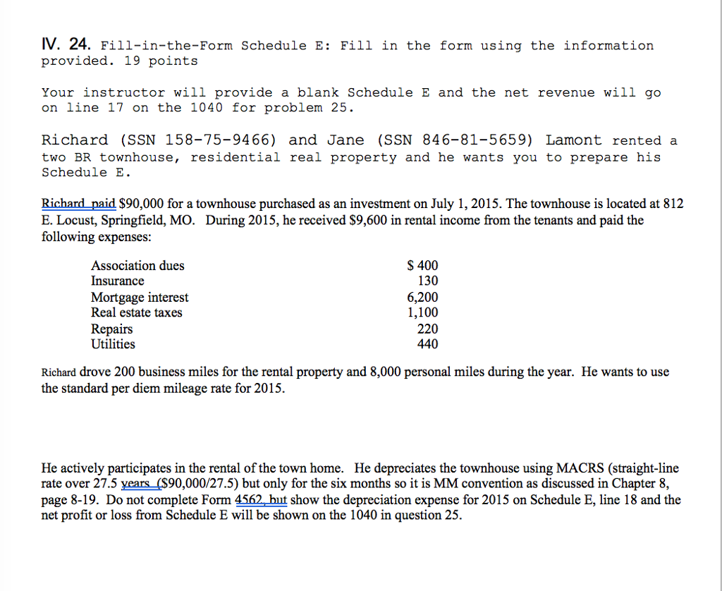 IV. 24. Fill-in-the-Form Schedule E: Fill in the form | Chegg.com