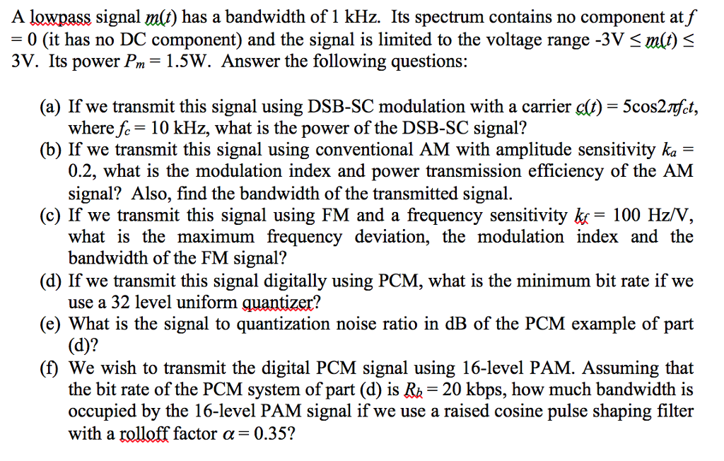 Solved A lowpass signal m(t) has a bandwidth of 1 kHz. Its | Chegg.com