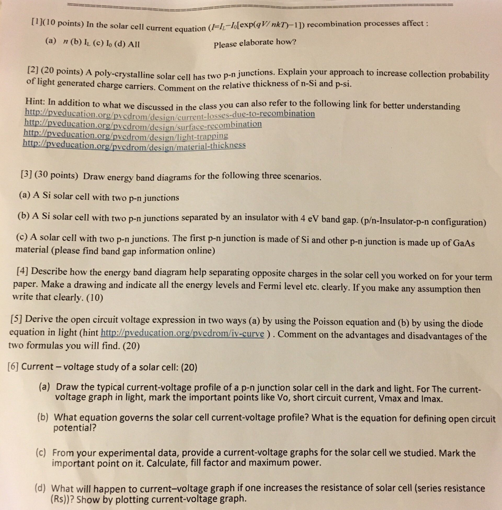 In the solar cell current equation (I = I_L - | Chegg.com