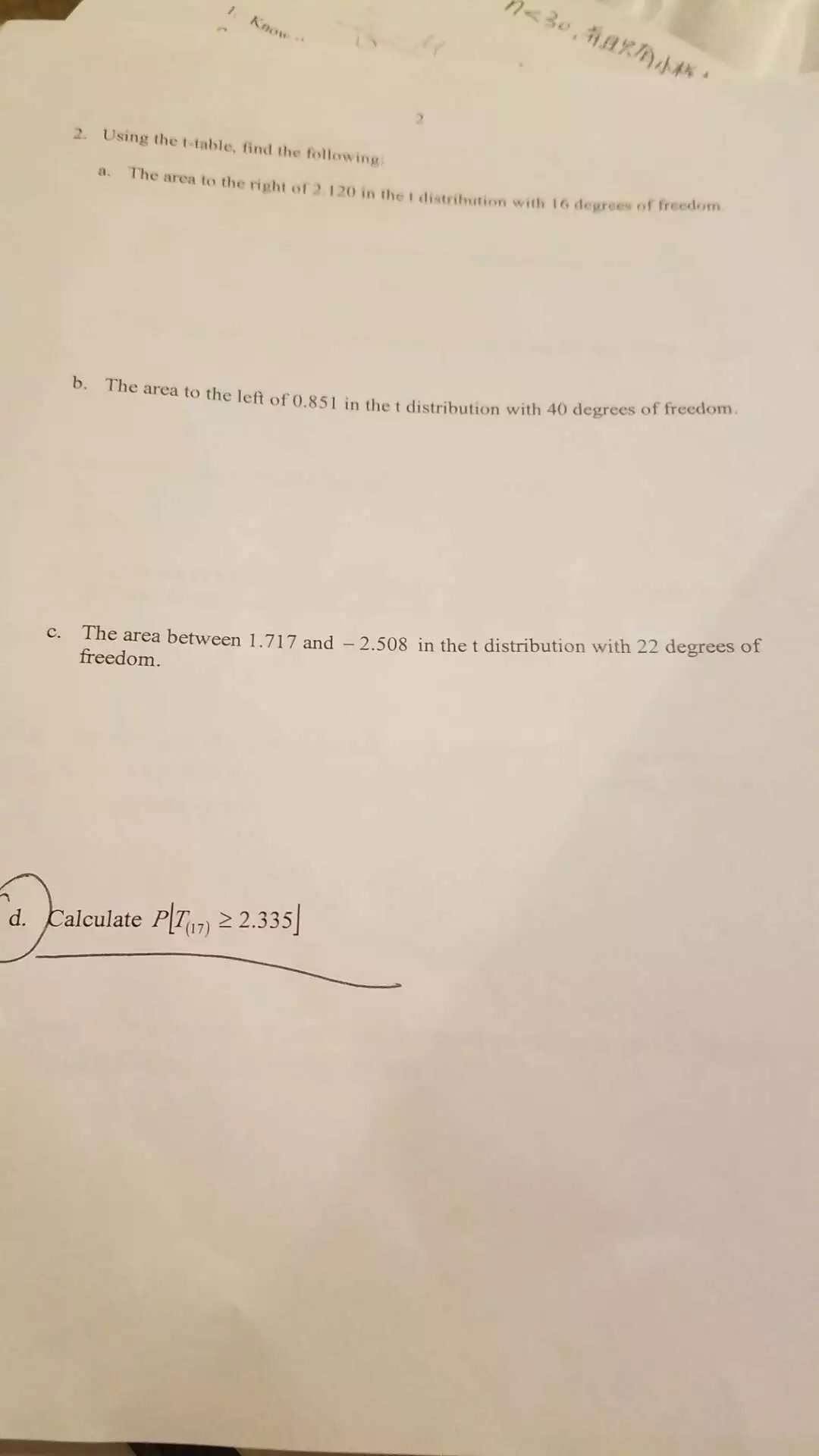 Solved Using the t-table, find the following: a. The area | Chegg.com