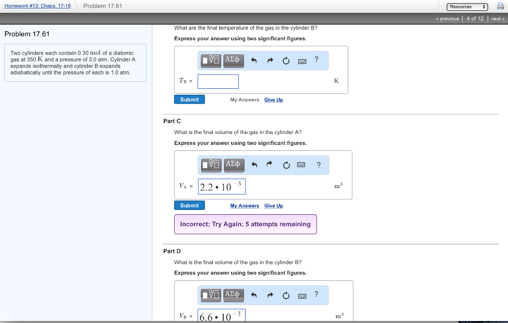 Solved Two cylinders each contain 0.30 mol of a diatomic gas | Chegg.com