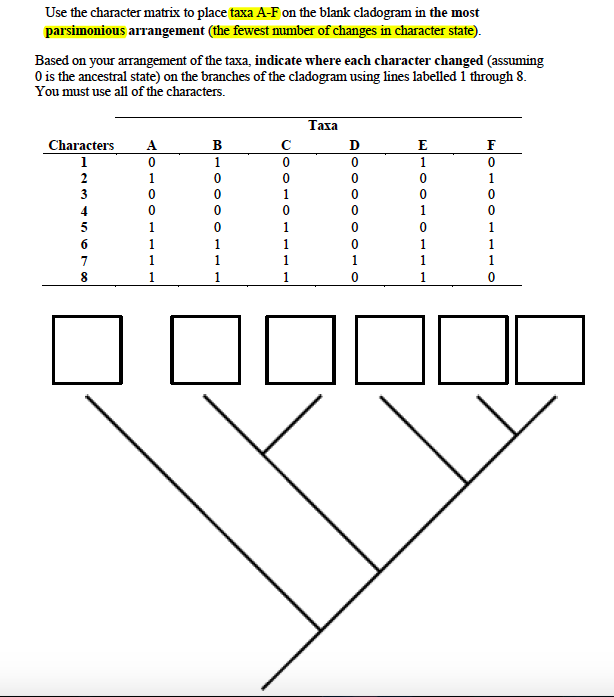 Solved Use the character matrix to place taxa A-F on the | Chegg.com