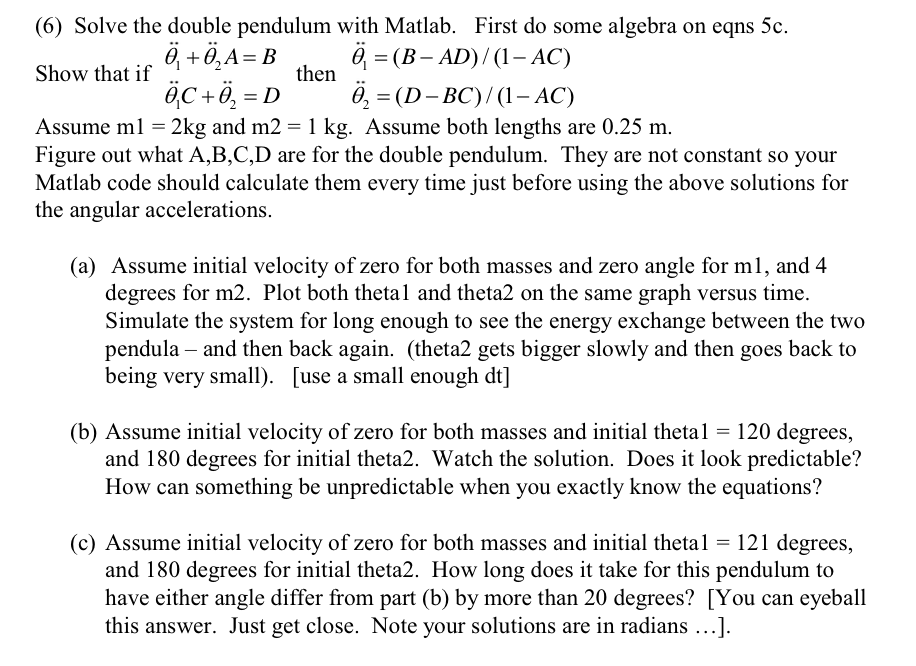 Write a MATLAB Code Equations from 5c: | Chegg.com