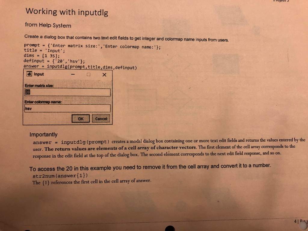 Working with inputdlg from Help System Create a | Chegg.com