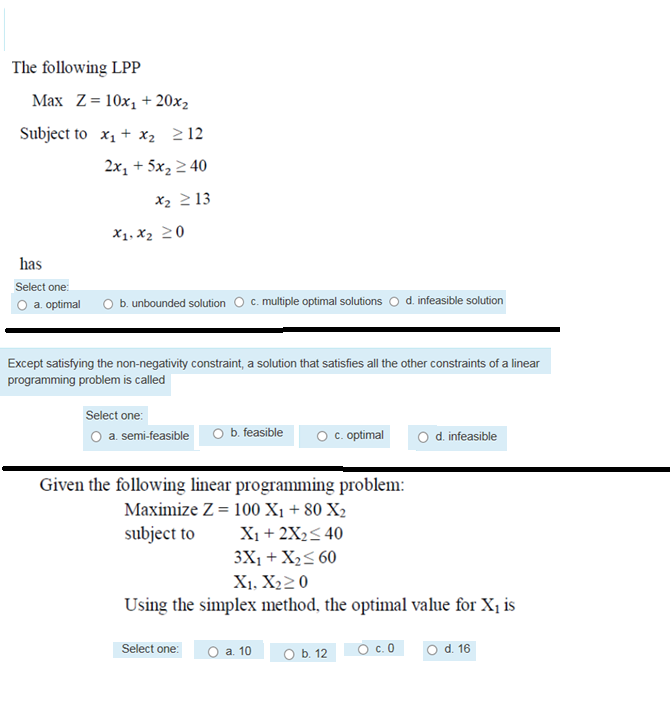 Solved The following LPP Max Z = 10x1 + 20x2 Subject to xi + | Chegg.com