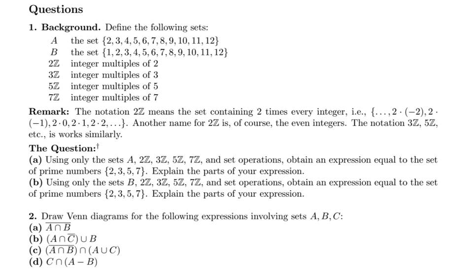 Questions 1. Background. Define the following sets: A | Chegg.com