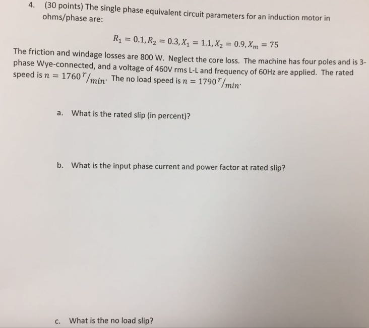 Solved (30 points) The single phase equivalent circuit | Chegg.com