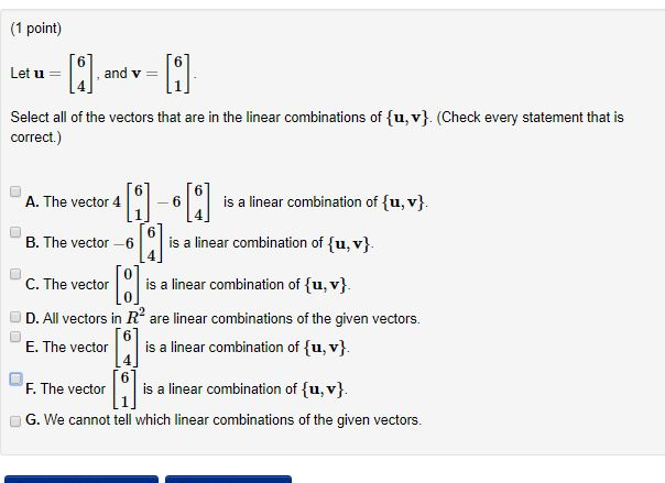 Solved (1 point) Select all of the vectors that are in the | Chegg.com