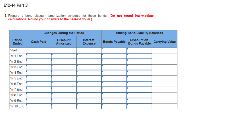 Solved E10-14 Part 3 3. Prepare a bond discount amortization | Chegg.com
