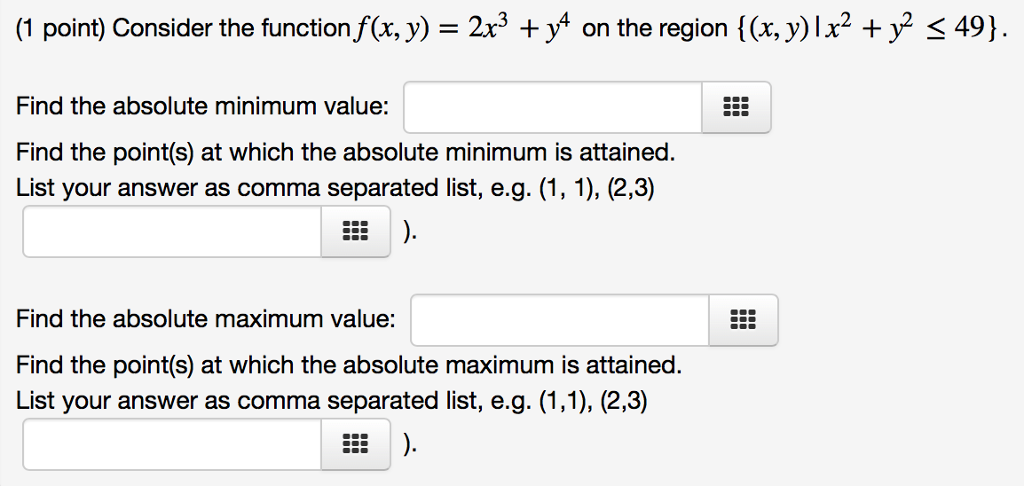 Solved (1 point) Consider the functionf(x,y) = 2x3 + y on | Chegg.com Solved (1 point) Consider the functionf(x,y) = 2x3 + y on | Chegg.com