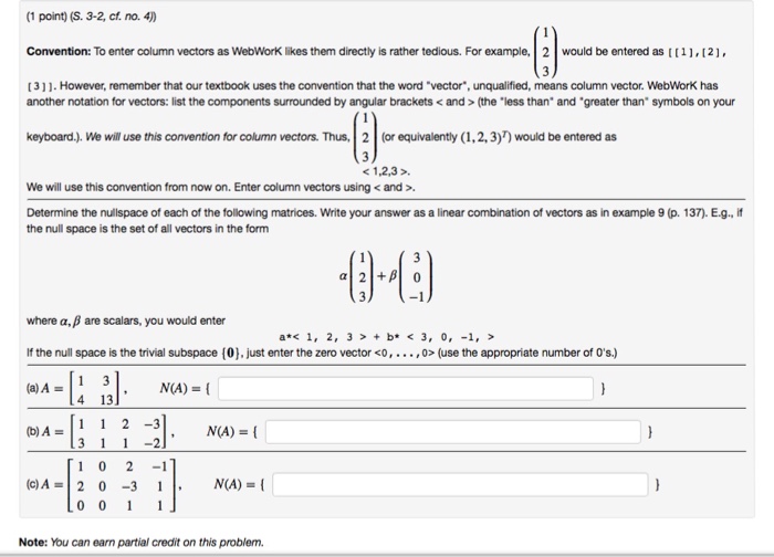 Solved To enter column vectors as WebWorK likes them | Chegg.com