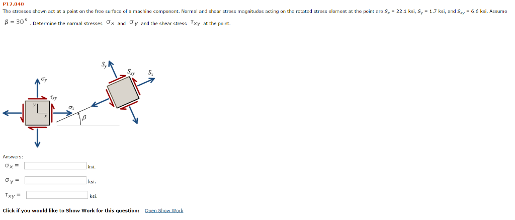Solved The stresses shown act at a point on the free surface | Chegg.com