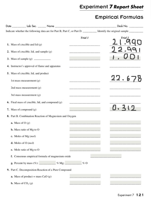 Solved Experiment 7 Report Sheet Emperical Formulas Can | Chegg.com