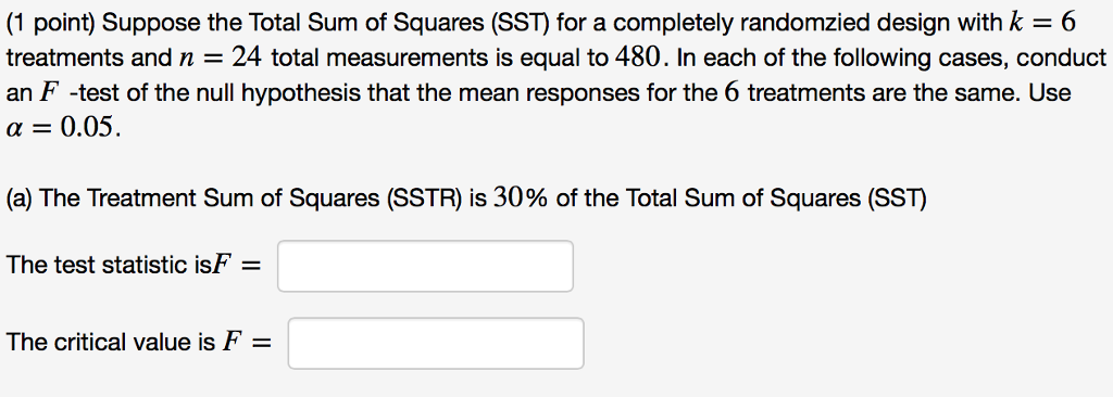 Solved (1 point) Suppose the Total Sum of Squares (SST) for | Chegg.com