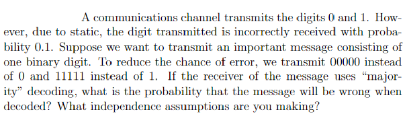Solved A communications channel transmits the digits 0 and | Chegg.com