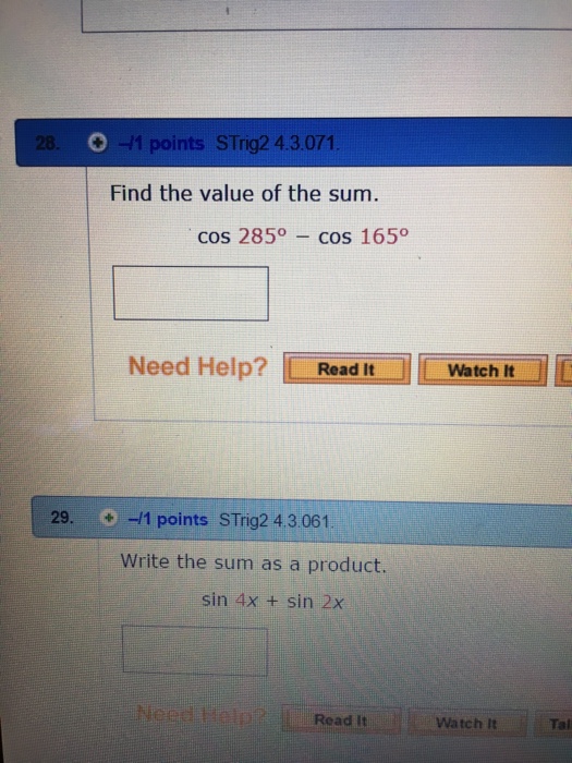 Solved Find the value of the sum. cos 285 degree - cos 165 | Chegg.com