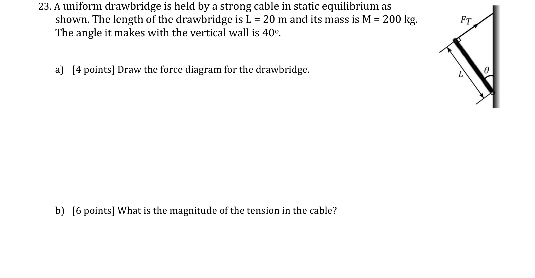 Solved A uniform drawbridge is held by a strong cable in | Chegg.com