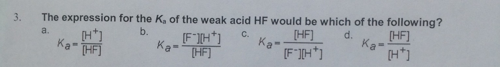 The expression for the K_a of the weak acid HF would | Chegg.com