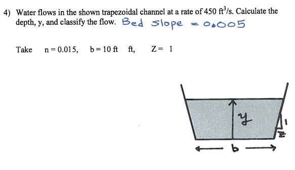 Solved 4) Water flows in the shown trapezoidal channel at a | Chegg.com