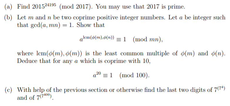 Solved Find 2015^24195 (mod 2017). You may use that 2017 is | Chegg.com