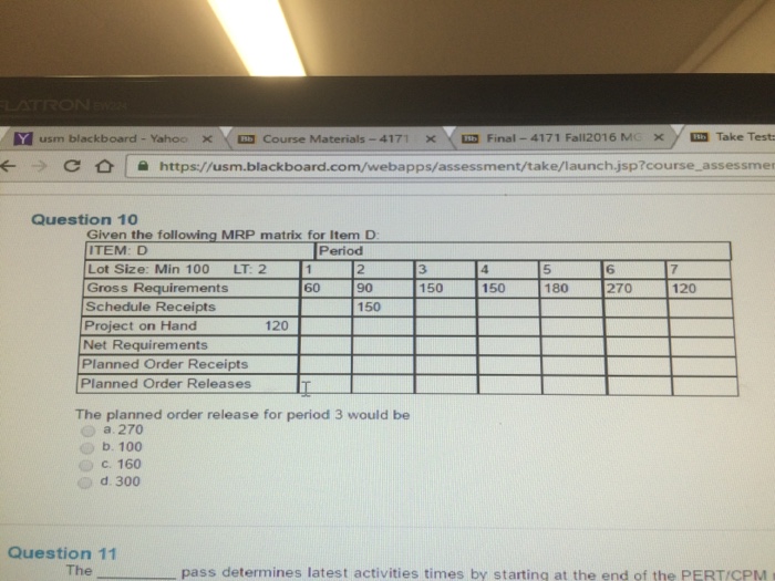Solved Given the following MRP matrix for Item D. The | Chegg.com