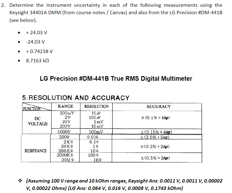 Solved 2. Determine the instrument uncertainty in each of | Chegg.com