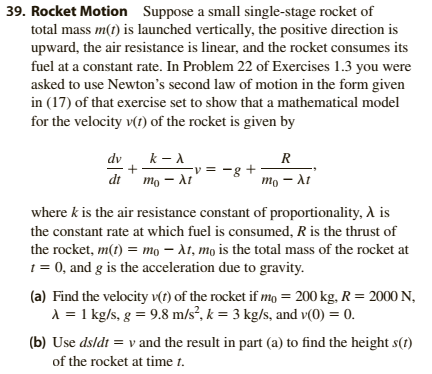 Solved 39. Rocket Motion Suppose a small single-stage rocket | Chegg.com