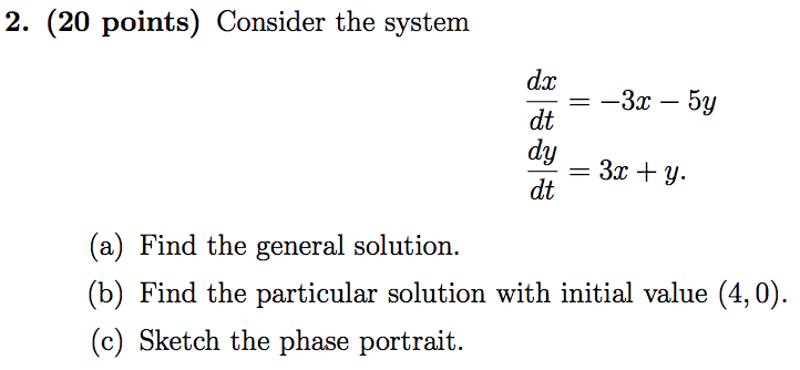 Solved Consider the system dx/dt=-3x-5y dy/dt=3x+y Find the | Chegg.com