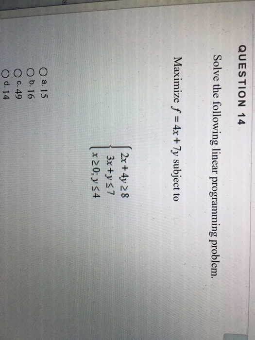 Solved QUESTION 14 Solve the following linear programming | Chegg.com