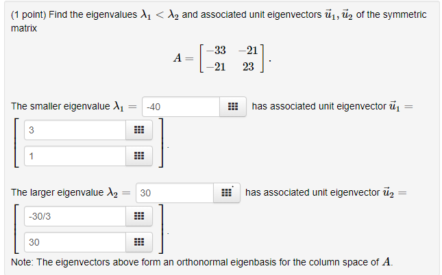 Solved (1 point) Find the eigenvalues matrix A1